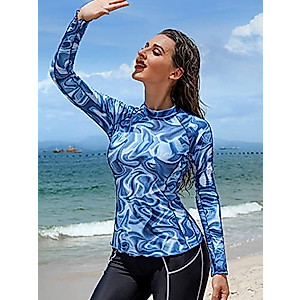 ATTRACO Rash Guard for Women Long Sleeve Swim Shirt Y2K Skiny UV Swimsuit Top UPF 50+ Blue L