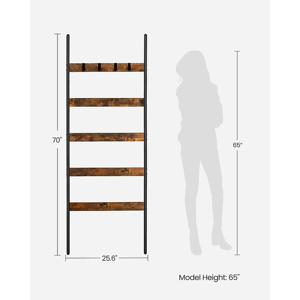 VASAGLE Blanket Ladder, 5-Tier Ladder Shelf, Wall-Leaning Rack, Steel, 25.6 Inch Wide, Scarves, Industrial Style, Rustic Brown and Black ULLS011B01