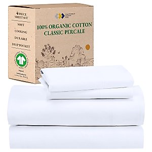 California Design Den 100% Organic Cotton Sheets Full Size Bed Set - Crisp Percale, Deep Pocket Cooling Sheets, GOTS Certified, Soft, Breathable and Durable Bedding Set - White