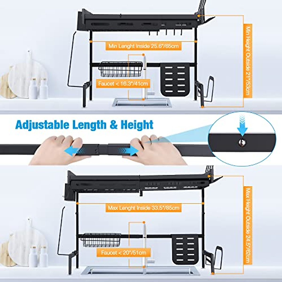 LEPO Over The Sink Dish Drying Rack, 2 Tier Stainless Steel Adjustable Length (25.6-33.5in) & Height(20.5-24.4in) Large Dish Rack Drainer with Utensil Holder for Kitchen Countertop Organizer, Black