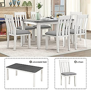 WOZNLA 7-Piece Wooden Extendable Dining Table Set - Retro Style Kitchen Table and 6 Upholstered Chairs - Expandable Design for Flexible Seating - Perfect for Dining Room Gatherings