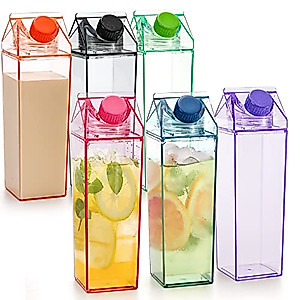 yarlung Set of 6 Plastic Milk Carton Colorful Clear Water Bottle, 17 Oz Portable Milk Box Leakproof Square Juice Bottle for Outdoor Sports Travel Camping