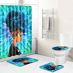 4PCS/Set Natural Cute African American Woman Pattern Shower Curtain Floor Mat Set with Rugs and Accessories for Bathroom Decor