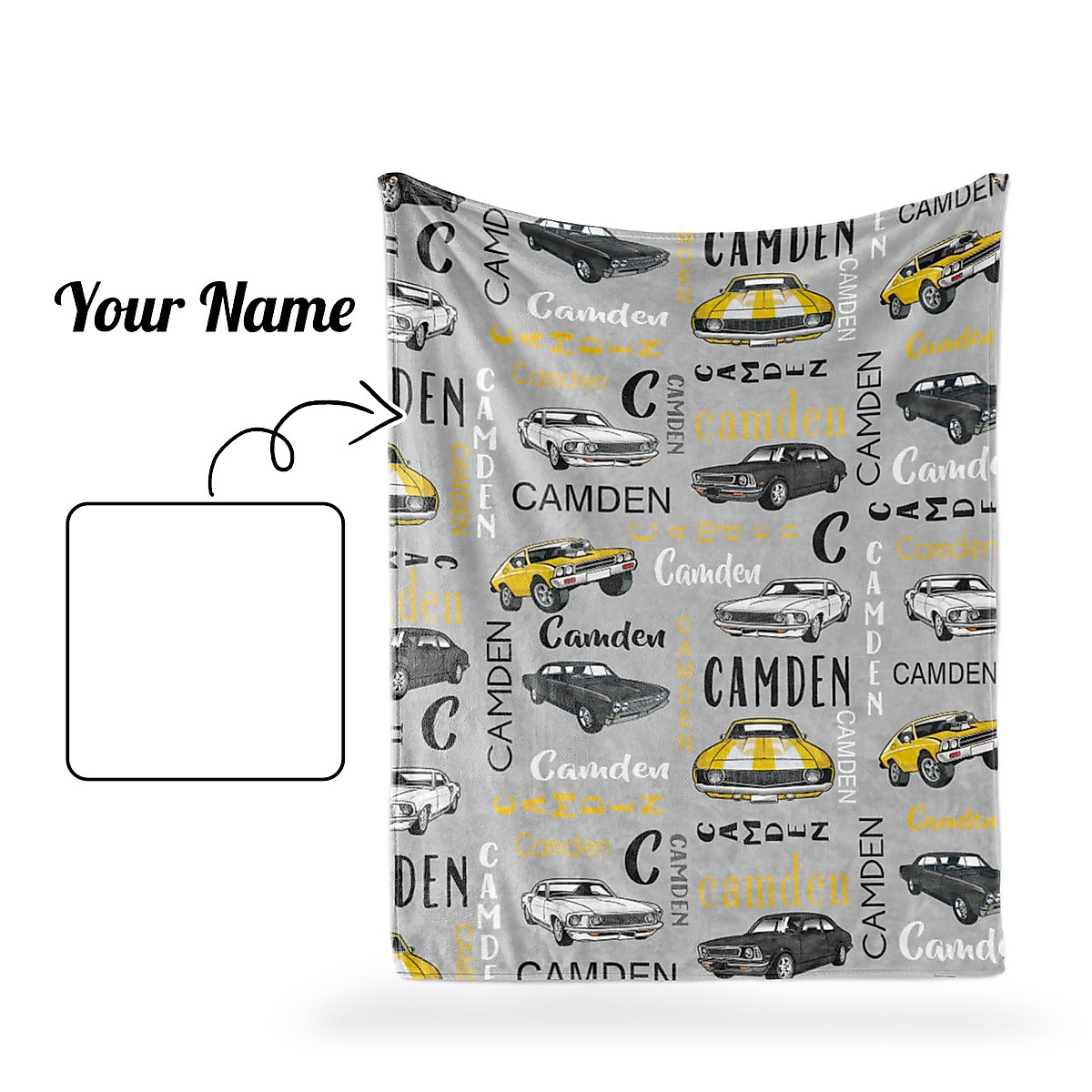 ZOTIMEF Custom Name Car Blanket for Kids - Multi-Fonts Names with Cars Theme Design - Personalized Soft Plush Flannel Blanket for Boys Girls Holidays Birthdays Gifts Grey & Yellow