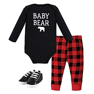Hudson Baby Cotton Bodysuit, Pant and Shoe Set, Buffalo Plaid Baby Bear, 3-6 Months