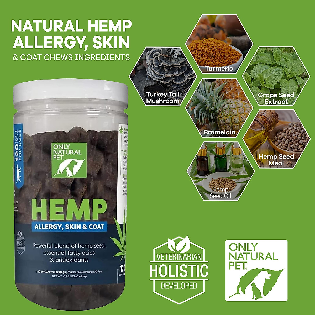 Only Natural Pet Allergy, Skin & Coat Hemp Soft Chews - Allergy Immune Bites for Dogs, Omega 3 Supplement, Hemp Oil - Calming Treats for Itchy Skin Relief, Hot Spot - (120 Count)