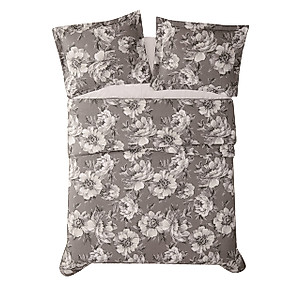 Cottage Classics - Full/Queen Rochelle Floral 3-Piece Farmhouse Style Duvet and Sham Set - Bold Floral Print - Grey