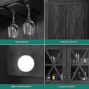 YITAHOME Farmhouse Bar Cabinet for Liquor and Glasses, Dining Room Kitchen Cabinet with Wine Rack, Upper Glass Cabinet, Open Storage Shelves for Living Room, Hallway, Charcoal Grey