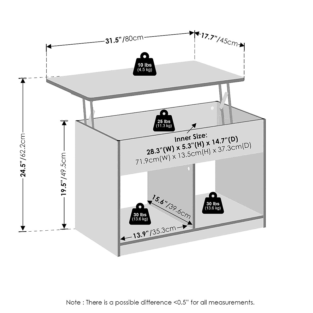 Furinno Jensen Living Room Lift Top Coffee Table with Hidden Compartment, French Oak Grey