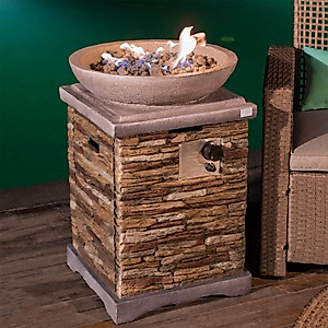 COSIEST Outdoor Propane Fire Pit Table w Faux Brown Compact Ledge Stone 20-inch Square Base and Faux Rose-Marble Round Bowl, 40,000 BTU, Free Lava Rocks, Fits 20lb Tank Inside, Raincover