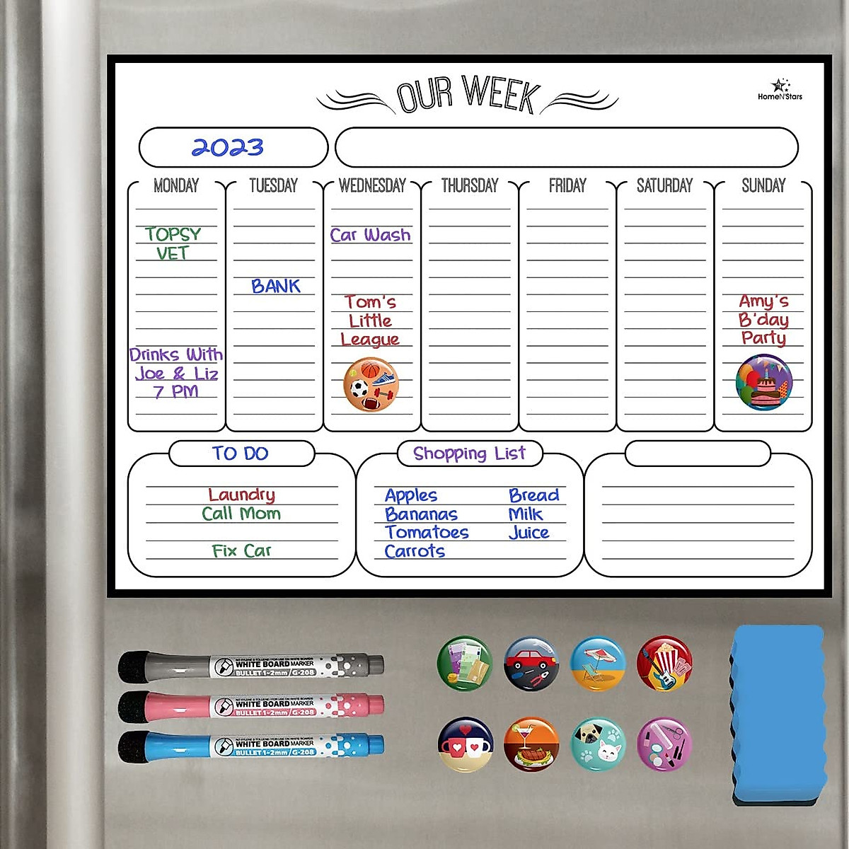 Magnetic Weekly Dry Erase Board Calendar Whiteboard - Magnetic Weekly Planner for Refrigerator - Stain Resistant Nano Technology - 3 Fine Tip Markers and Eraser, 10 Highlight Icons 16inchX12inch