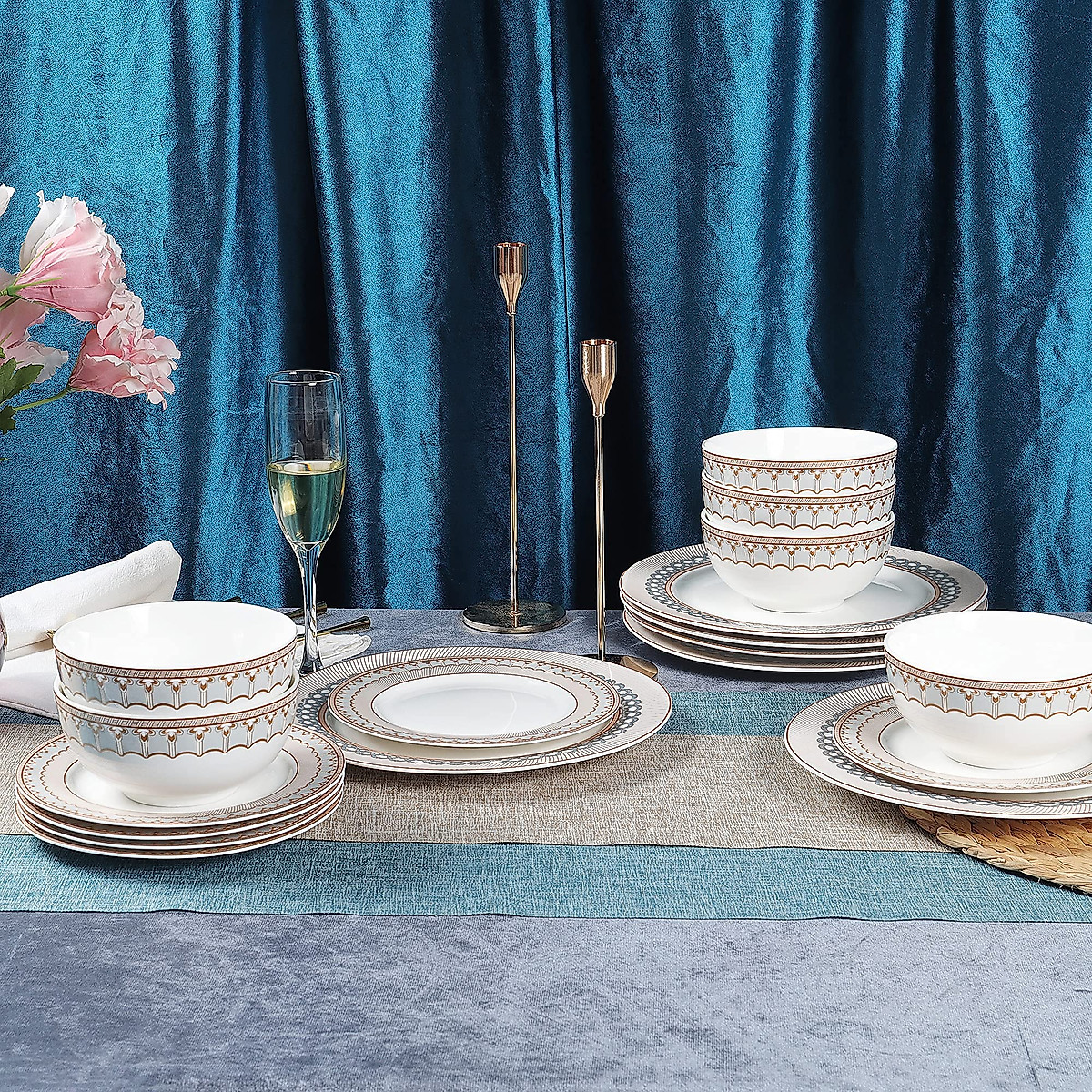 fanquare 18-Piece Porcelain Dinnerware Service for 6, Grey Fish Scale Pattern Dishes, Bowls, Light Brown Dinner Set