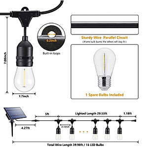 BrizLabs Outdoor Solar String Lights, 39ft Hanging Solar Patio Lights with 16 LED Shatterproof Bulbs, S14 Waterproof Solar String Lights 4 Modes for Patio Garden Backyard Gazebo Porch Balcony, 2700K