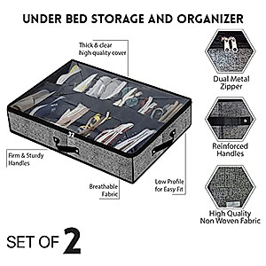 Luxeroots Design Under Bed Shoe Storage Organizer-set of 2 Fits Total 24 Pairs Shoe Organizer Under The Bed Containers Storage Solution With Clear Cover Reinforced Handles and Strong Zipper. UTBSO-0001, Black