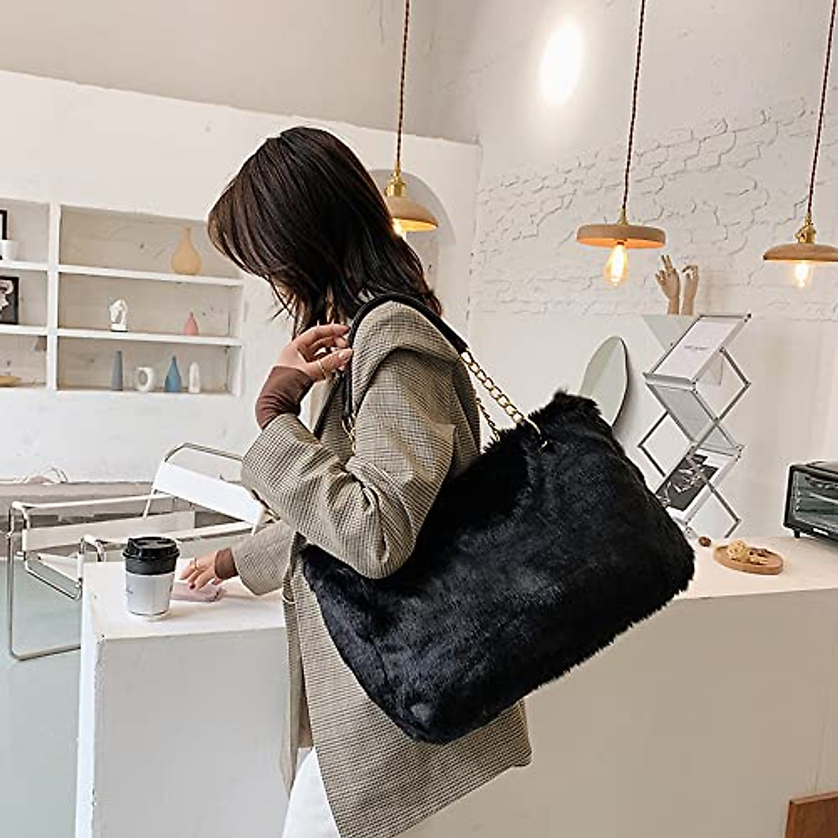 Aisa Choice Women's Faux Fur Tote Purse Furry Leopard Large Capacity Shoulder Bag Satchel Handbag … (Black)