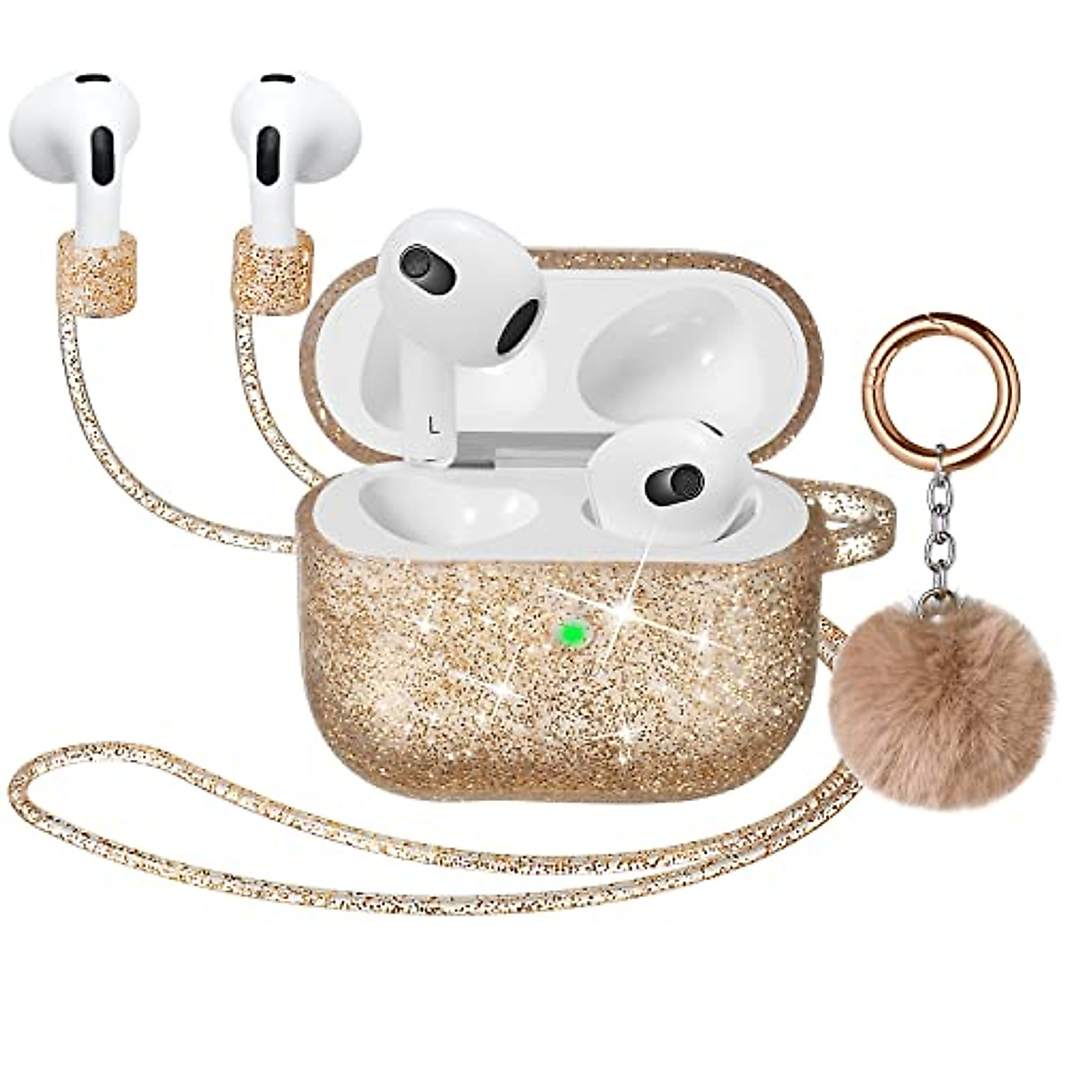 Airpods Case, DMMG Airpods 3 Case Cover Silicone Skin for Girls Women,AirPods Protective Cute Bling Glitter Case with Fluff Ball Keychain,Scratch Proof for Airpod 3rd Generation (Rose Gold)