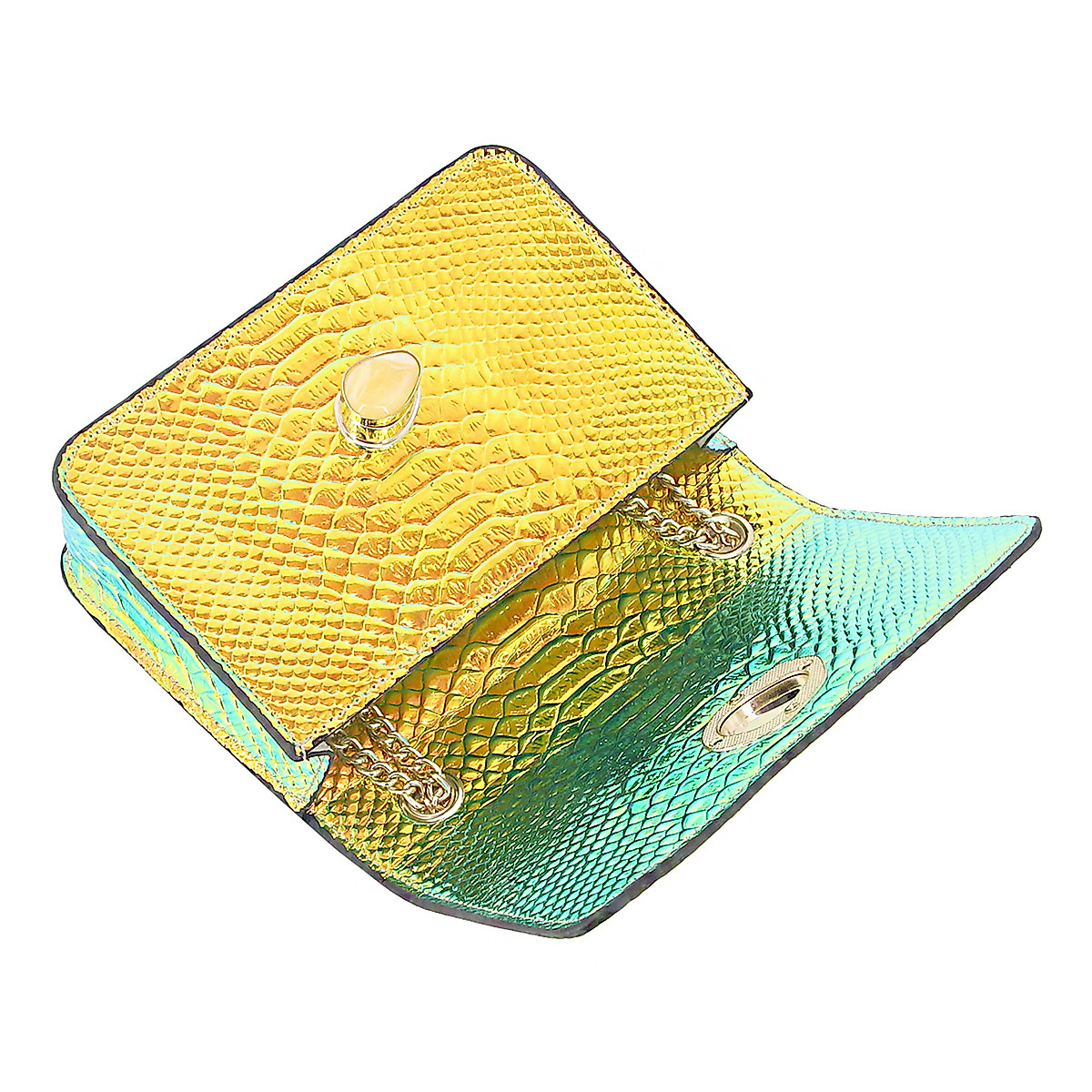 Gabrine Womens Evening Bag Holographic Snake Skin Leather Shoulder Bag Crossbody Bag with Detachable Chain, Yellow