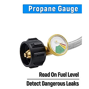 GASPRO 15-Inch RV Propane Hose with Gauge, Stainless Braided Camper Propane Hose for 5-40lb Propane Tanks and Two-Stage Propane Regulator, 1/4-Inch Male NPT x QCC-1, 2-Pack