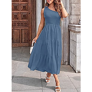 MEROKEETY Women's One Shoulder Sleeveless Shirred High Waist Swing A-Line Midi Maxi Dress,Dustyblue,S
