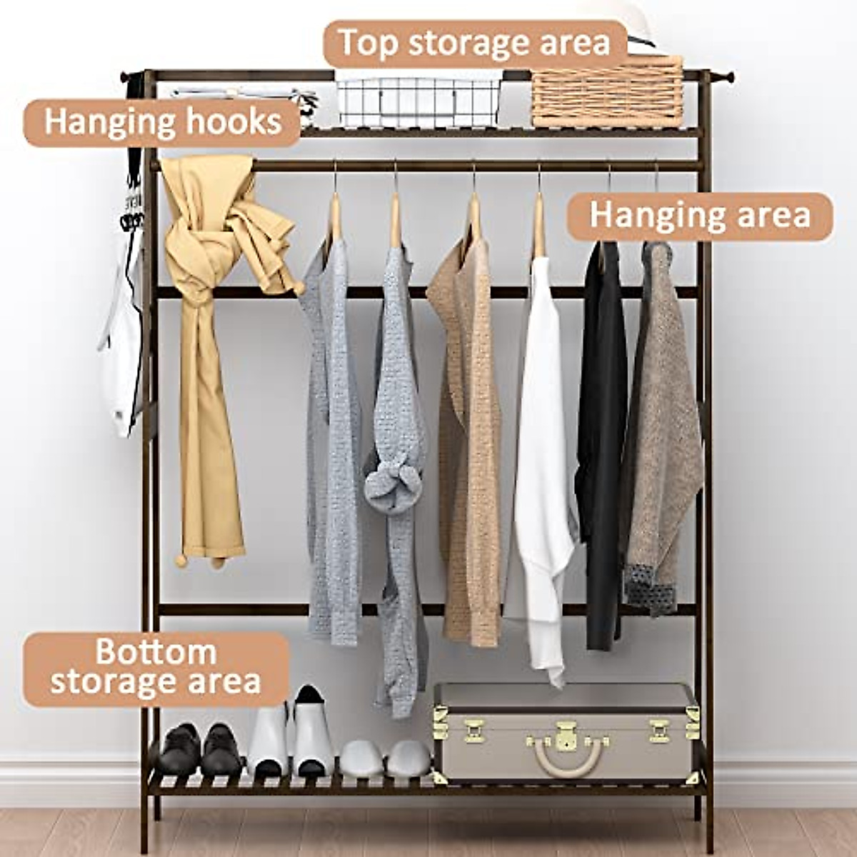 UDEAR Bamboo Clothing Rack with Shelves,Freestanding Garment Rack,Hanging Clothes Rack for Bedroom,Large（Brown）