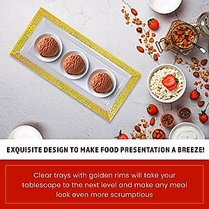 Yumchikel-Elegant Plastic Serving Tray & Platter Set (4pk) - Clear & Gold Rim Disposable Serving Trays & Platters for Food - Weddings, Upscale Parties, Dessert Table, Cupcake display - 7.5 x 14 inches