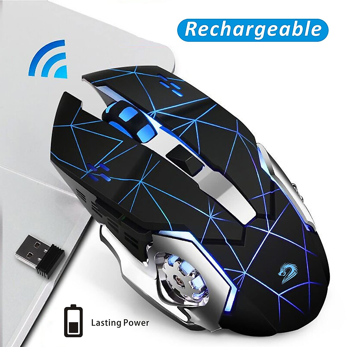 Uciefy Q85 Rechargeable Wireless Gaming Mouse, 2.4G LED Optical Silent Wireless Computer Mouse with 4 LED Light, 3 Adjustable DPI, Ergonomic Design, Auto Sleeping (Starry Black)