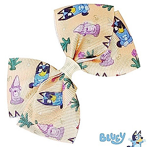 Bluey Kids Hair Bows - Hair Accessories Gift Set - Bluey Hair Bows - 7 Pcs 4 Inch Bow Bundle - Hair Bows for Girls - Different Bluey print on each clip - Alligator Clip - Ages 3 +