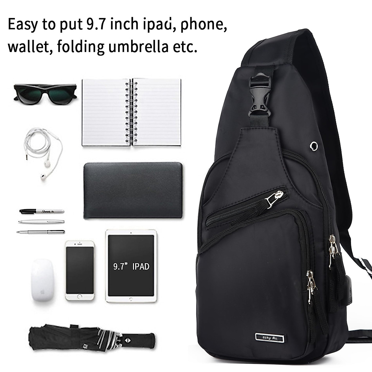Suyzufly Crossbody Sling Backpack for Men Women Anti Theft Multipurpose Chest Shoulder Bag with USB Charging Port Black