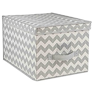Home Basics Chevron Collection Non-woven Large Bin, Toy Storage and Organization, Collapsible, Comes with Lid, Grey