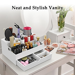 QooWare Hair Tool Organizer, Wood Hair Dryer Holder with Drawer & 3 Stainless Steel Cups, Versatile Bathroom Vanity Storage for Hair Styling Tools, Hot Tools, Brushes and Cosmetics - White