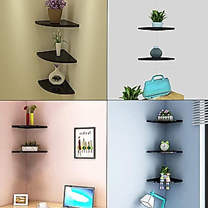 SISHHOME Floating Corner Shelf 8 Inch Black Set of 2,for 90 Degree Room Corner Wall Mounted Storage Display Shelves for Small Plant, Photo Frame, Toys and More