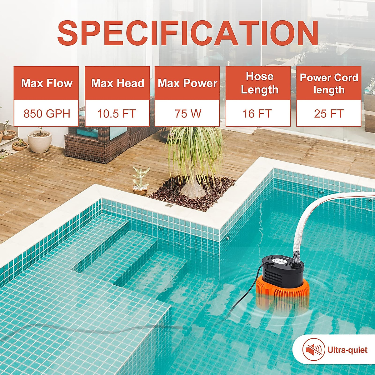 AgiiMan Pool Cover Pump Above Ground - Submersible Sump Pump, Water Removal with 16' Drainage Hose and 25 Feet Power Cord, 850 GPH, 3 Adapters, Orange