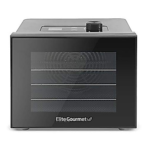 Elite Gourmet Food Dehydrator, Stainless Steel Trays Food Dehydrator, Adjustable Temperature Controls, Jerky Herbs Fruit Veggies Snacks, Black, 4 Trays (EFD308#)