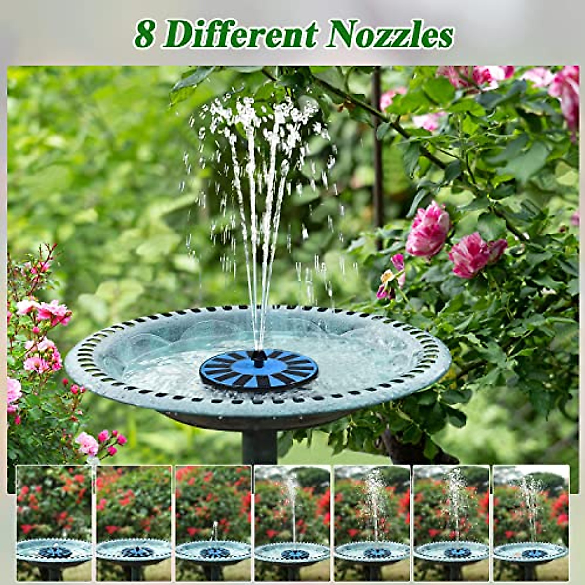 ZOLOCHEL Solar Fountain Upgraded 100% Glass Covered， Solar Powered Bird Bath Water Fountains with 8 Nozzles & 4 Fixers for Garden, Pond, Pool, Fish Tank Decoration