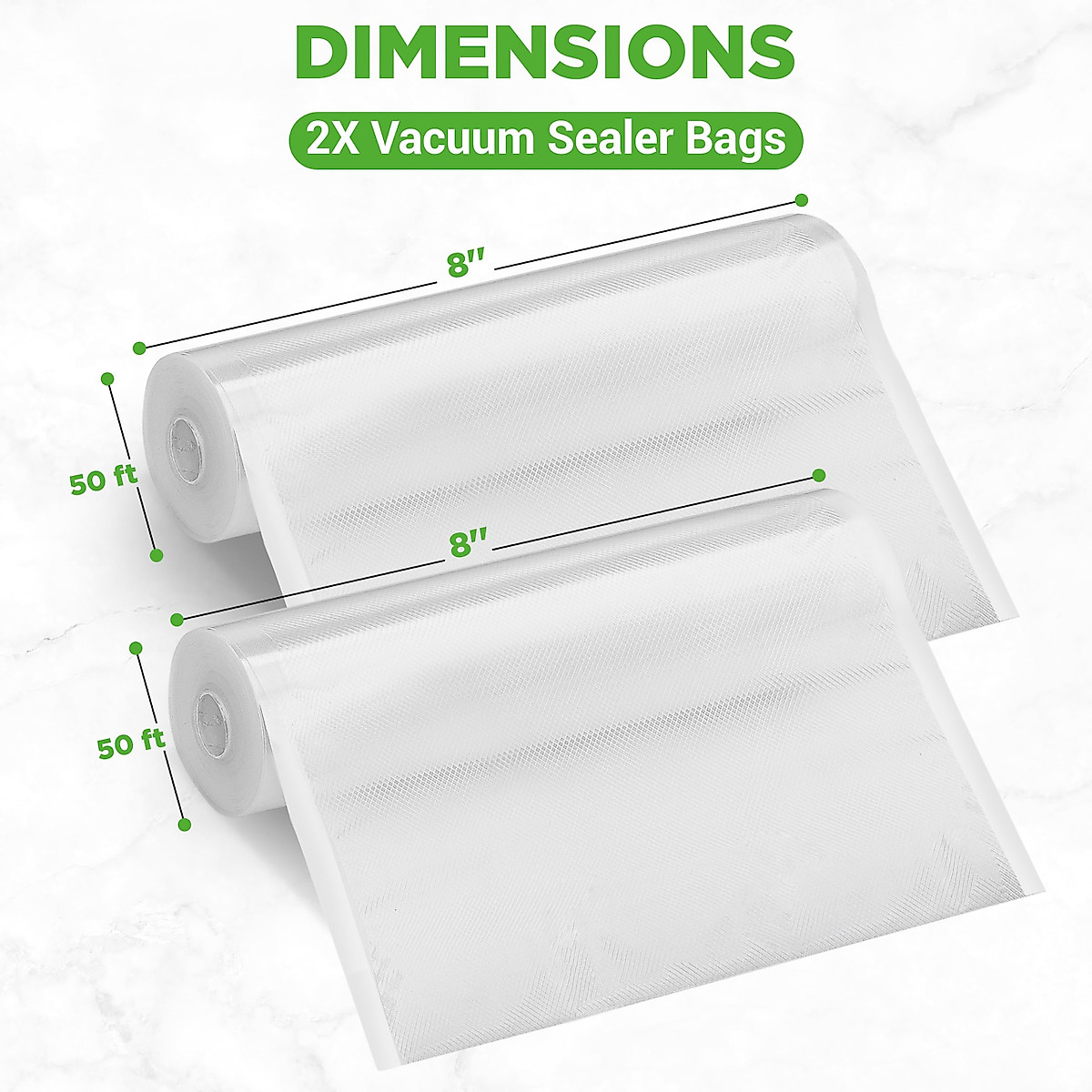 NutriChef Vacuum Sealer Bags 8x50 Rolls 2 pack for Food Saver, Seal a Meal, NutriChef, Weston. Commercial Grade, BPA Free, Heavy Duty, Great for vac storage, Meal Prep or Sous Vide