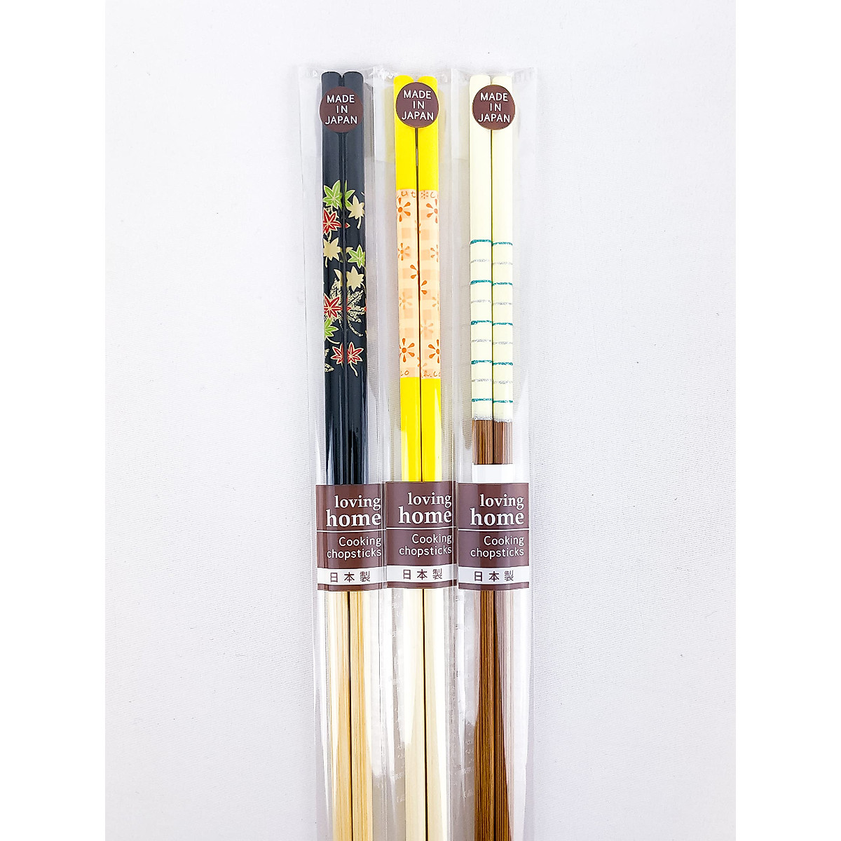 Set of 3 Assorted Cooking Chopsticks, Made in Japan, Natural Bamboo Saibashi, 13inches, Cute Shiba Inu Pattern, Traditional Japanese pattern, Simple Modern Pattern, Colorful Pattern