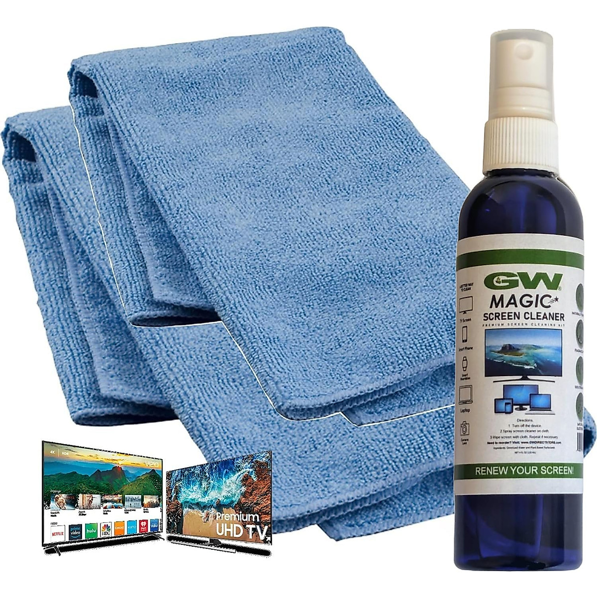 GW Deluxe Magic Screen Cleaner Kit for Ultra HD 4k HDR OLED TV, Laptop and Tablet Screens with 2 Premium Microfiber Cloths and Larger Spray Bottle