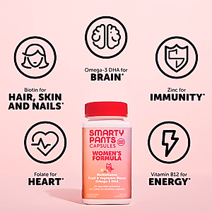 SmartyPants Multivitamin for Women: Omega-3 DHA; Zinc for Immunity, Biotin, Iron, Folate, Vitamins D3, C, B6, Vitamin B12, One Per Day, 30 Capsules, 30 Day Supply