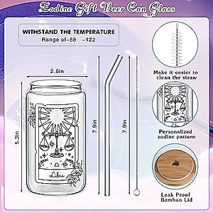 Uiifan 16 oz Zodiac Iced Coffee Glasses Beer Can Shaped Drinking Glasses Glass Cups with Lids and Straws Cleaning Brush Cute Drinking Jars Zodiac Gifts for Women Men Tea Soda (Libra Style)