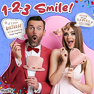 Premium Birthday Photo Booth Props Kit, 27 White & Rose Gold Party Decorations (No Glitter), Durable & Easy-to-Use Photobooth Props Signs for Memorable Photos & Unforgettable Celebrations by PixiPy
