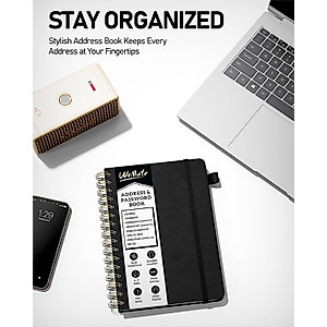 WEMATE Spiral Address Book with Alphabetical Tabs, Leather Password Book, Address Organizer Telephone Notebook Journal Keep Contact Safe Hardcover Large Print for Seniors Home Office 5.8″×8.2″, Black