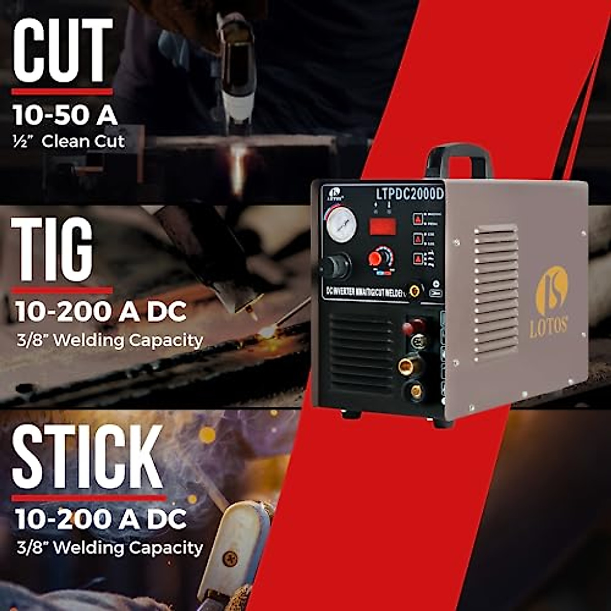 LOTOS LTPDC2000D Non-Touch Pilot Arc Plasma Cutter Tig Welder and Stick Welder 3 in 1 Combo Welding Machine,½ Inch Clean Cut,Brown