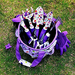 Floral Purple Garden Tool Set Gardening Gifts for Women,Garden Pruning Shears Set,Heavy Duty Gardening Tools Kit,Storage Tote Bucket Bag Organizer,Birthday Gifts for Her