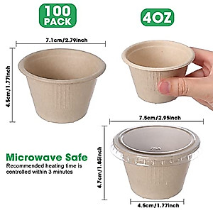 Norme 100 Pack 4oz Disposable Condiment Portion Cups with Lids Bagasse Fiber Souffle Cups Snack Small Sauce Containers with Lids for Samples Food Storage Salad Ketchup Cheese Butter