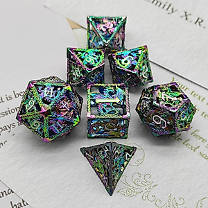 Metal Hollow DND Dice Set D&D Dungeons and Dragons Polyhedral 7-Piece RPG MTG Dice Gift D20 D6 Role Playing Pathfinderboard Game Accessories Digital Teaching Metal Box-Gold