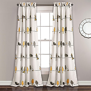 Lush Decor Rowley Birds Light Filtering Window Curtain Panels, Pair, 52" W x 95" L, Yellow & Gray - Colorful Floral Print - Whimsical & Playful Bird Curtains For Bedroom, Living Room, Or Dining Room