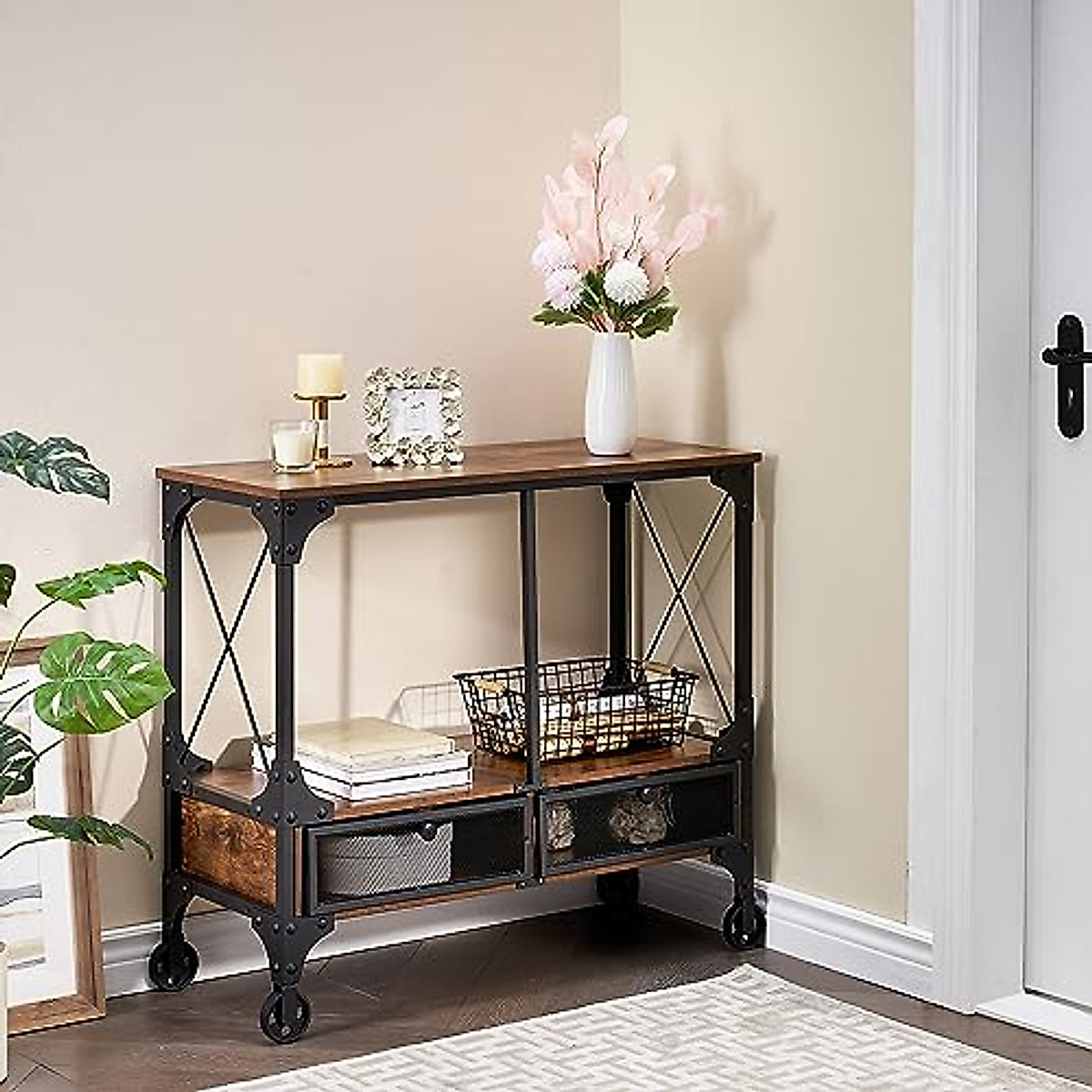VECELO Console/Sofa Tables with 2 Tiers Open Storage & Drawers for Entryway Hallway/Living Room/Farmhouse, Easy Assembly,Rustic Brown, Industrial Style