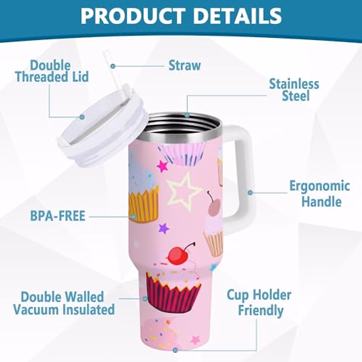 ODAWA Large with Lid and Straw, Cute Cupcake Pink Spill Proof Tumbler with Straw Stainless Steel Insulated Tumblers