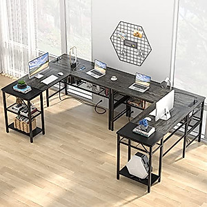 Unikito L Shaped Computer Desk with USB Charging Port and Power Outlet, Reversible L-Shaped Corner Desk with Storage Shelves, Industrial 2 Person Long Gaming Table Modern Home Office Desk, Black Oak