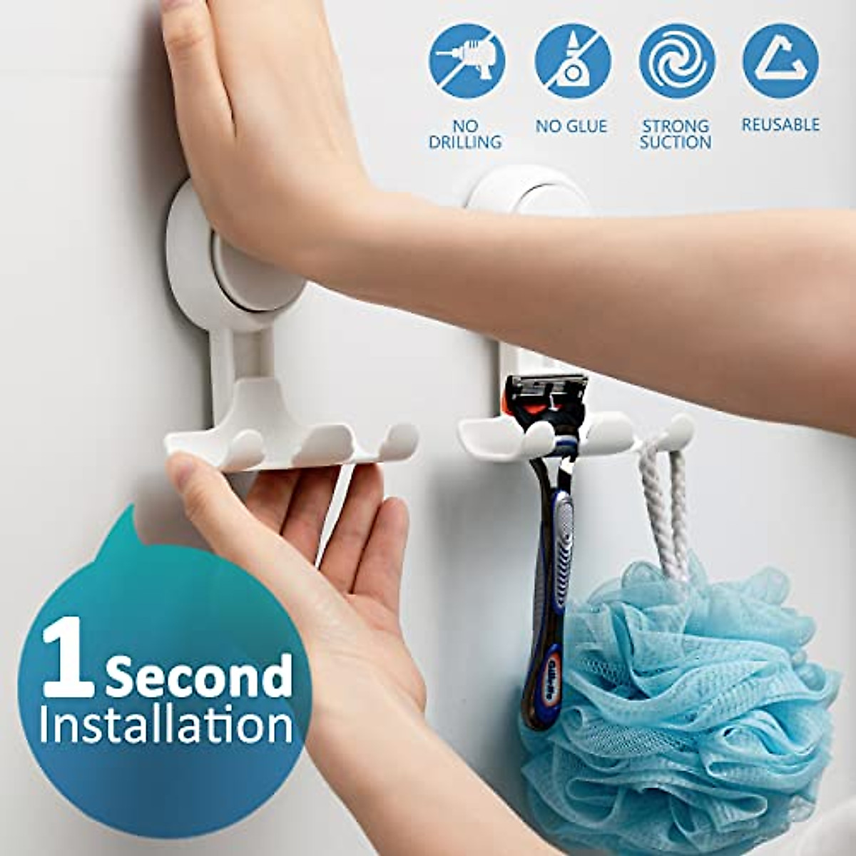 TAILI Shower Razor Holder Suction Cup 2 Pack, Vacuum Suction Razor Hanger for Shower Wall, Suction Door Hooks for Towel Loofah Sponge, Shower Razor Hooks for Bathroom Removable Waterproof, White